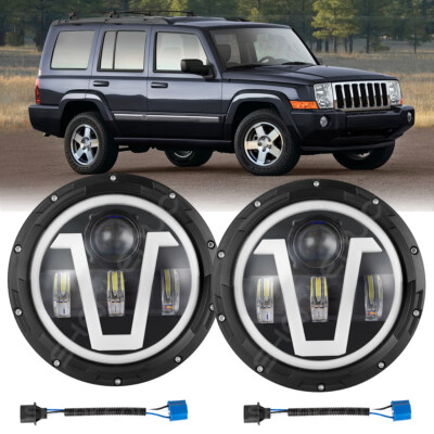 Pair 7" Inch Round LED Headlights Halo Angle Eyes For Jeep Commander ...