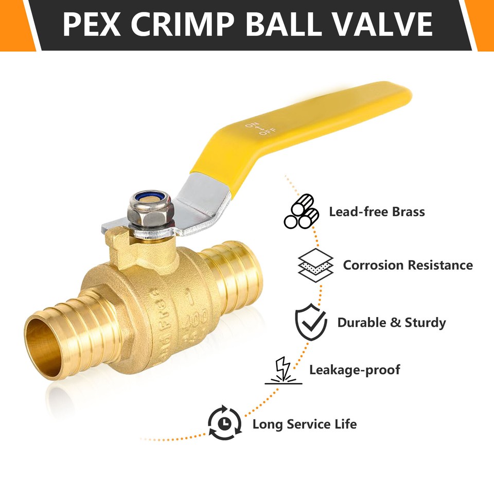 EFIELD 1" 1/2" 3/4"PEX Ball Valve Yellow Handle Full Port Shut Off ...