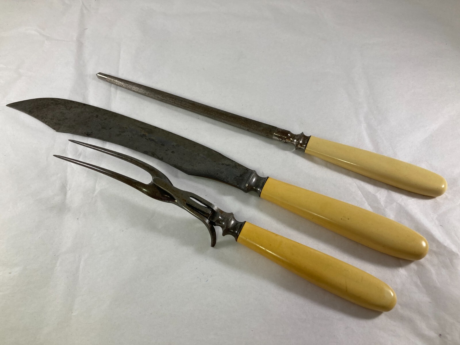 Vtg Landers Frary & Clark / Meriden Cutlery 3pc Large Carving Set Cream ...
