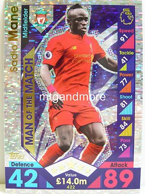 Match Attax 2016/17 Premier League - #422 Sadio Mane - Man of the Match ...