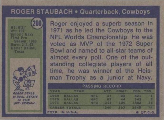1972 Topps Roger Staubach #200 for sale | eBay