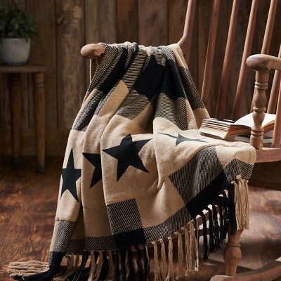 New Farmhouse Primitive CHECK TAN BLACK STAR THROW Woven Afghan Blanket ...