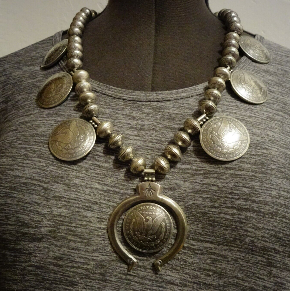 BUFFALO DANCER Coin Silver NECKLACE Mercury Dime BEAD Morgan Dollar ...