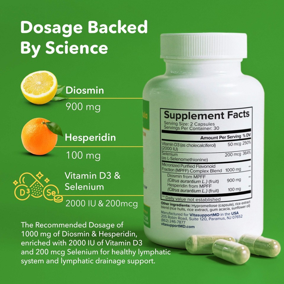 Lymphatic Formula, 1000mg Diosmin Hesperdin, Selenium, Vitamin D3, 60 ...