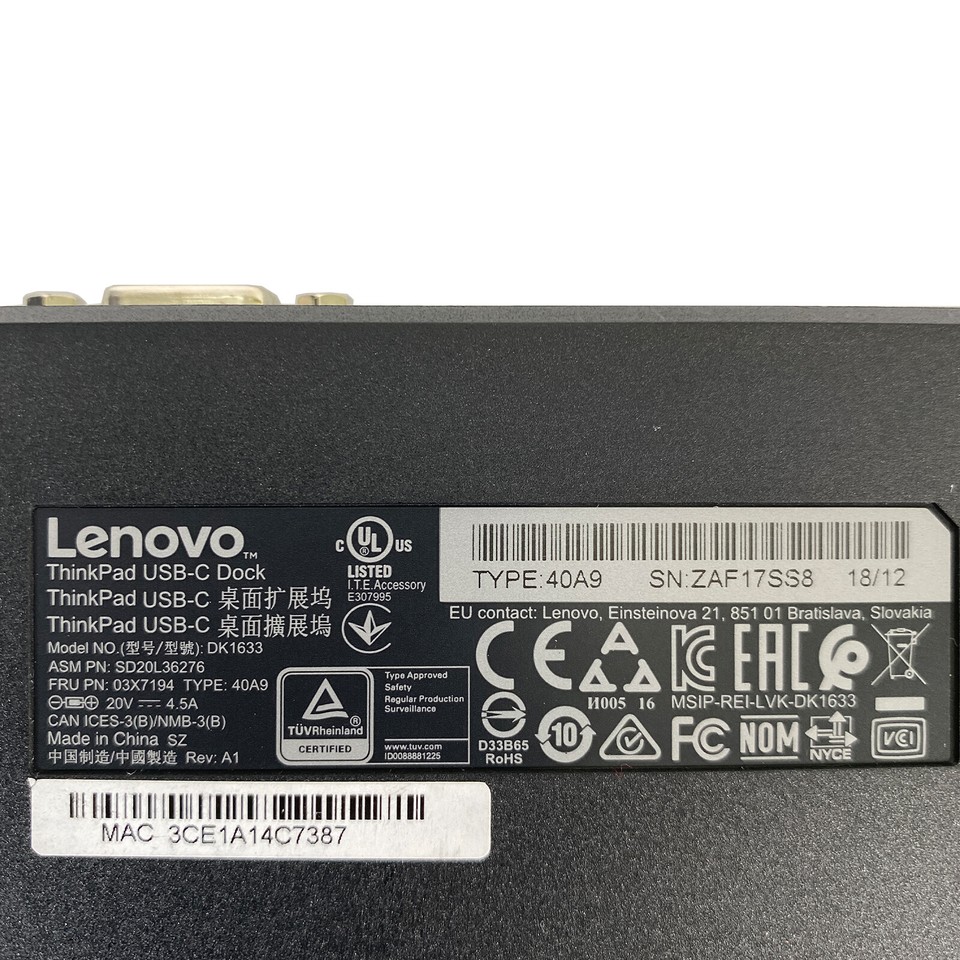 Geniune Lenovo ThinkPad USB-C Laptop Docking Station DK1633 40A9 w ...