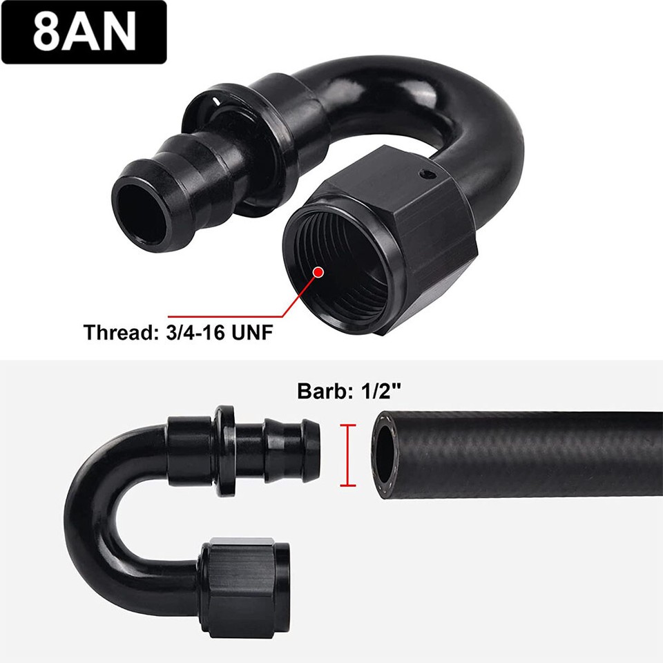 2PCS 8AN 180 Degree Push on Lock Hose Fitting Oil/Fuel/Gas Line Adapter ...