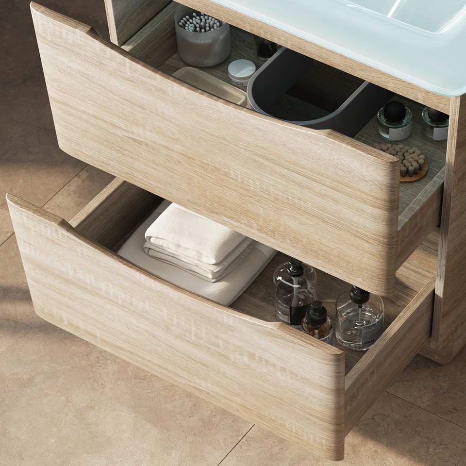 Light Ash Wall Hung Vanity Unit White Glass Basin Bathroom Storage ...