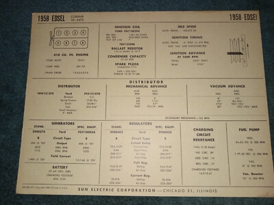 1958 EDSEL CORSAIR 410 V8 ENGINE SUN TUNE-UP CHART / USEFUL ITEM! | eBay