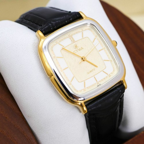 Cyma Square Gold Snow Dial Leather Watch Unisex Quartz Used | eBay