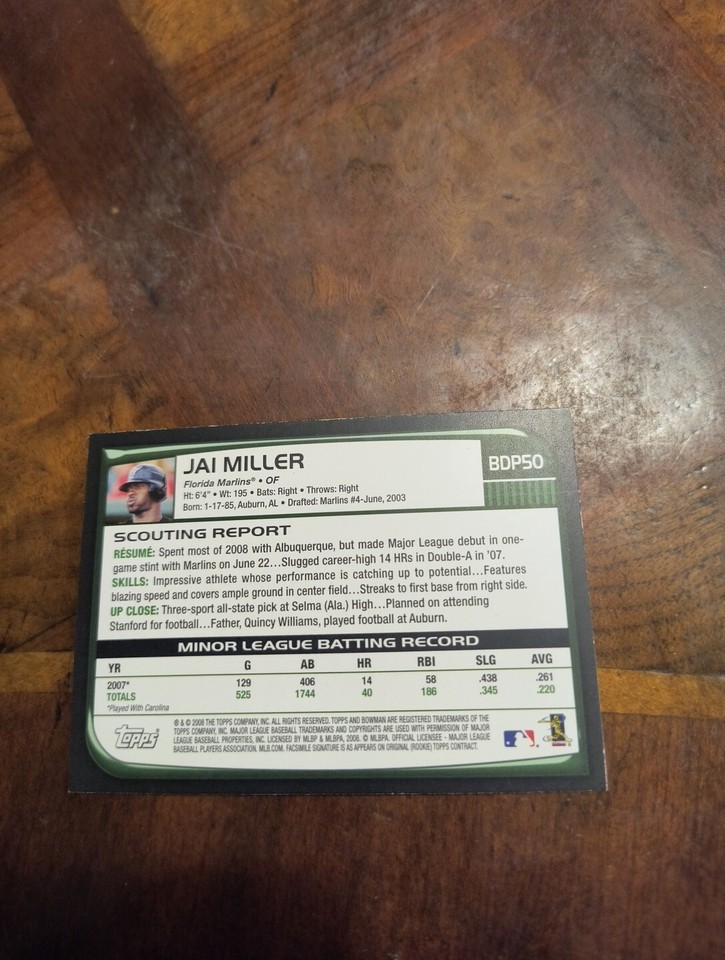 JAI MILLER 2008 BOWMAN DRAFT PICKS & Prospects (RC) #BDP50 FREE ...