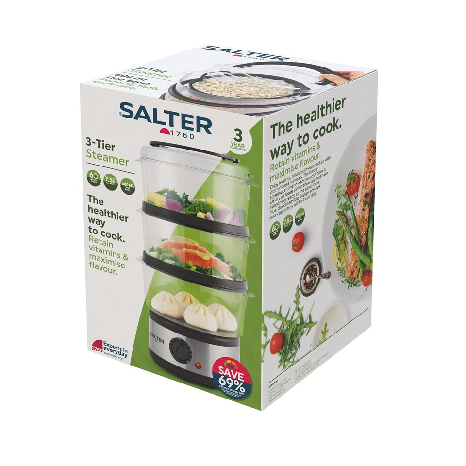 Salter 3-Tier Steamer Multi-Cooker Food Stainless Steel Compact Rice ...