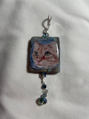 Print of a Hand Painted Tabby Cat square Pendant Blue Gray Key Fob | eBay