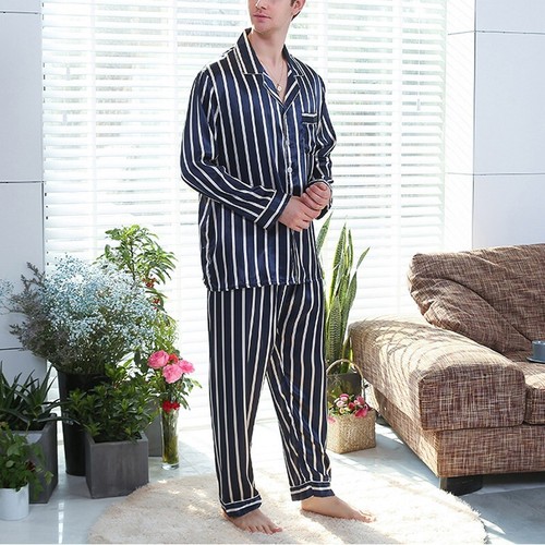 Men's Casual Sleepwear Sets Comfort Blue Stripe with Lapel Pocket Thin ...