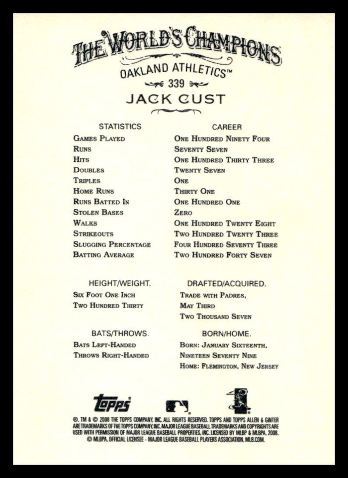 2008 Topps Allen & Ginter #339 Jack Cust Oakland Athletics | eBay