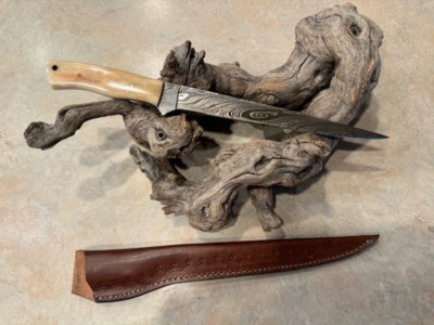 Custom Made 9" Damascus Steel Fillet Fishing Knife & sheath, WHITE BONE ...