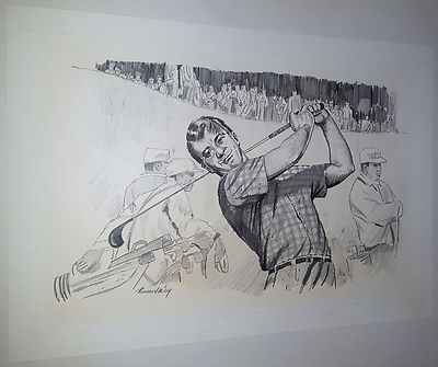 BURNARD WILEY GOLF ILLUSTRATION ART MID-CENTURY PENCIL DRAWING VINTAGE ...