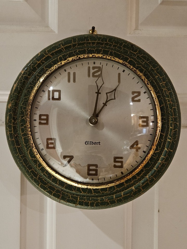 Antique Working 1940's GILBERT 8 Day Green Deco Mechanical Wind-Up Wall ...