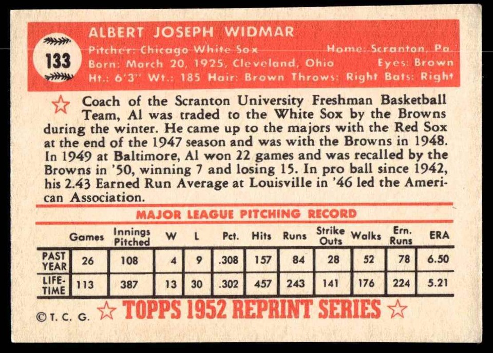 1983 Topps 1952 Reprint Series Al Widmar Chicago White Sox #133 | eBay