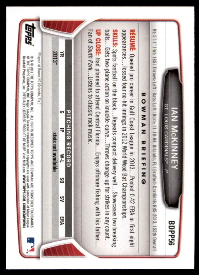 2013 BOWMAN DRAFT PICKS & PROSPECTS IAN MCKINNEY ST. LOUIS CARDINALS # ...