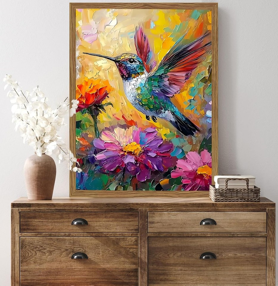Colorful Hummingbird Canvas Wall Art, Spring Flower Oil Painting Poster ...