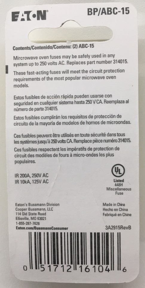 Bussman BP/ABC-15 MICROWAVE OVEN FUSE - 15 amp | eBay