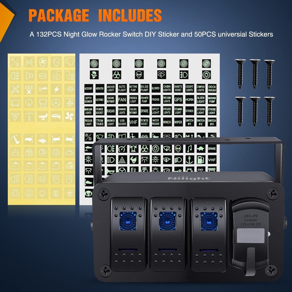 Nilight 3 Gang Rocker Switch Panel Blue Backlit with PD Type C and USB ...