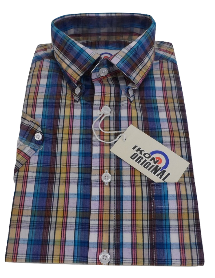 Ikon Original Blue Multi Checked Short Sleeved Button Down Shirts | eBay UK