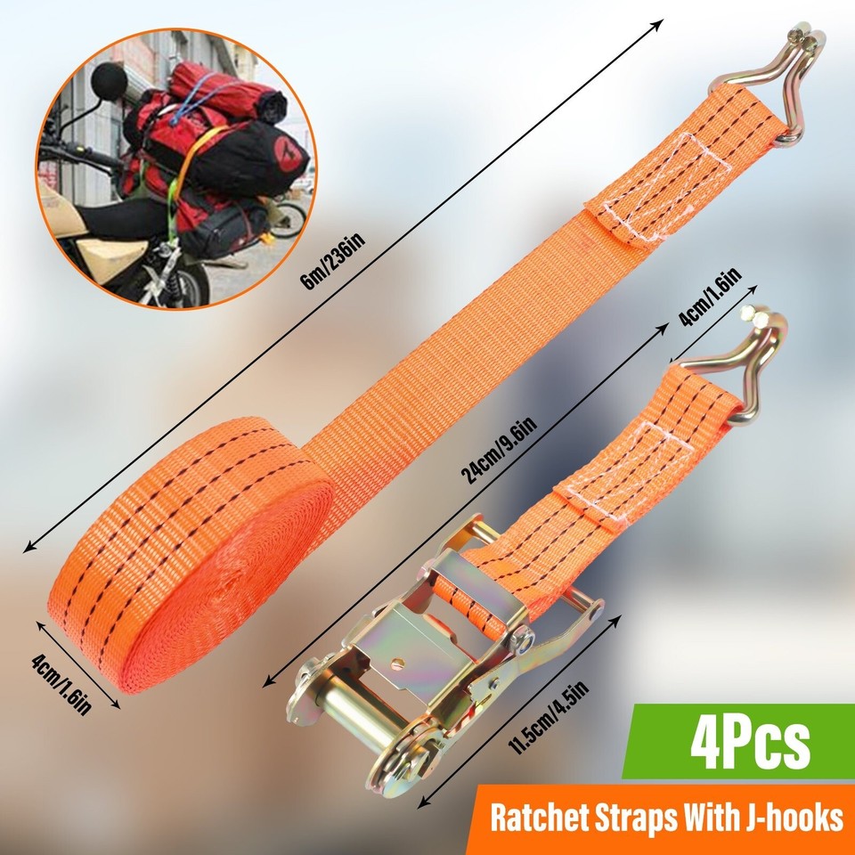 4X Heavy Duty Ratchet Ties Down Straps 40mm-6 Meter Lashing Cargo ...