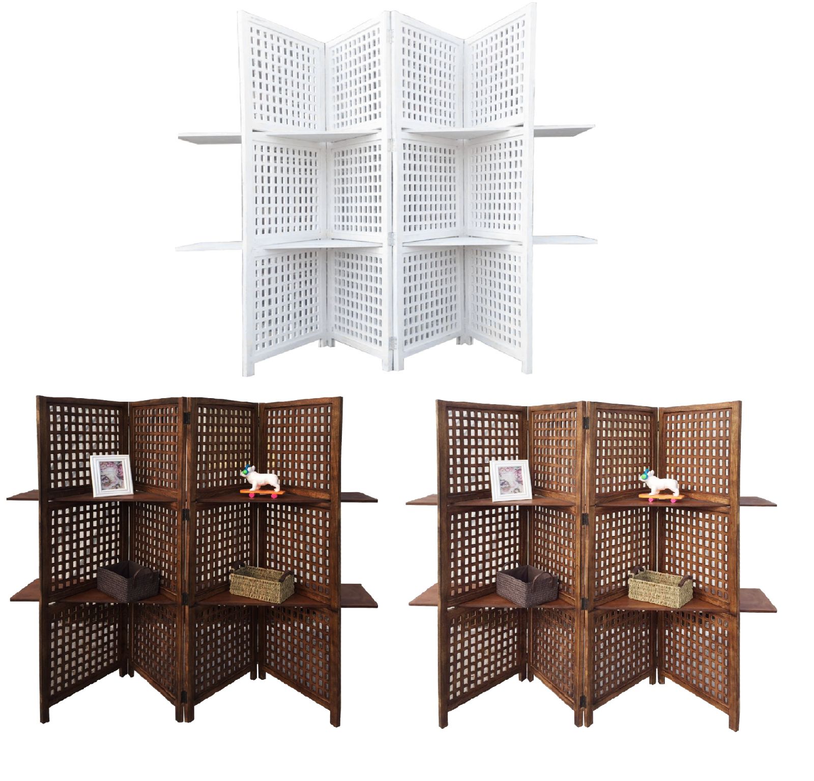 3-Way Display 4 Panel Heavy Duty Indian Screen 2 Shelves Bookcase Room ...