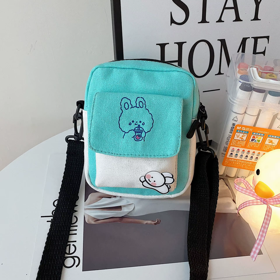 Canvas Women Phone Bag Cartoon Printed Shoulder Messenger Bag Hit Color ...