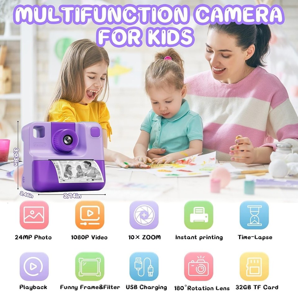 Instant Print Camera for Kids, 1080P Cameras Instant Print,HD Selfie ...