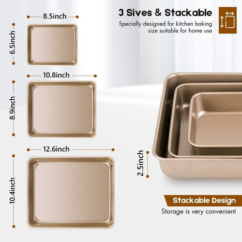 Deep Baking Pans for Oven Tray Cake Sheets Set of 3 Nonstick Rectangle ...