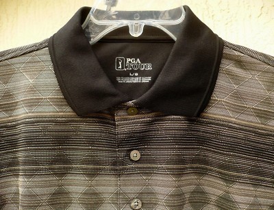 PGA TOUR L M DIAMOND GEOMETRIC OP ART DESIGN GRAY BLACK GOLF POLO KNIT ...