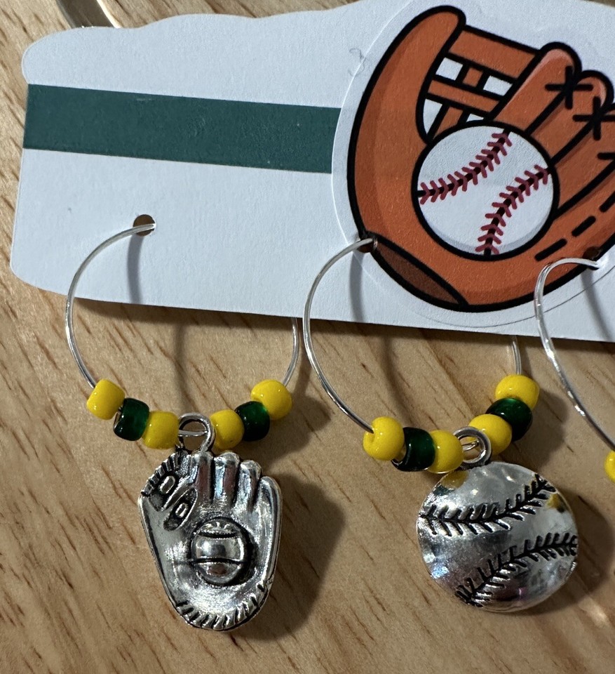 Baseball Wine Charms, Four Wine Charms, Green Yellow Baseball Wine ...