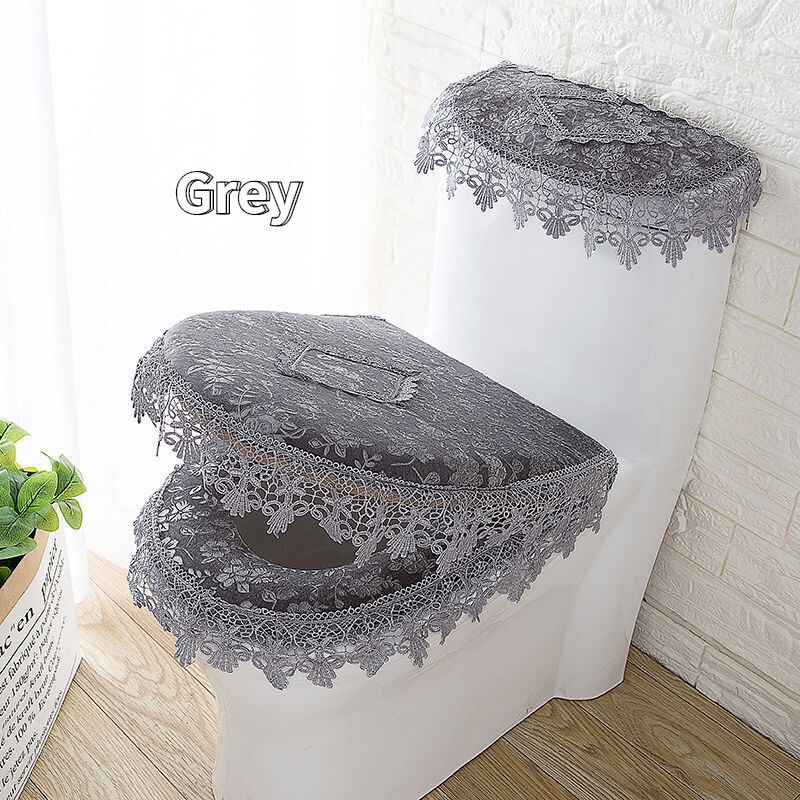 3PCS Velvet Toilet Seat Cover Set Lace Lid Pads Zipper Water Tank Cover ...