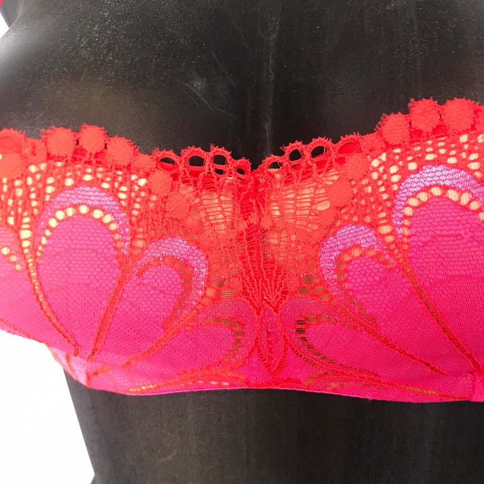 Playtex Wonderbra, balconette push up bra, fuchsia pink with red lace ...