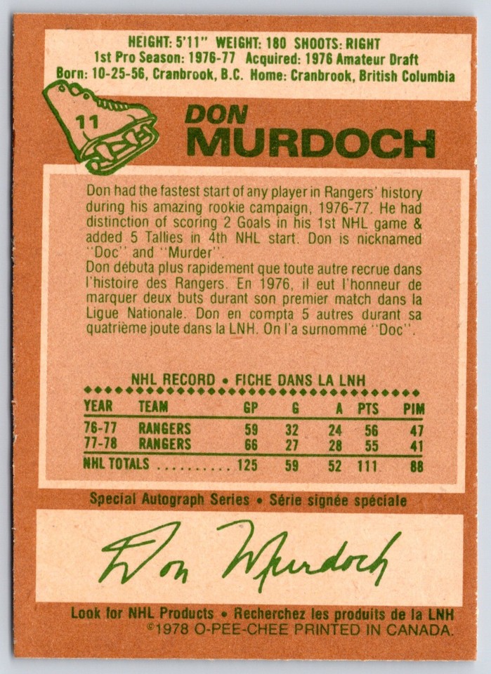 DON MURDOCH 1978-79 O-PEE-CHEE 78-79 NO 11 NRMINT+ 37660 | eBay