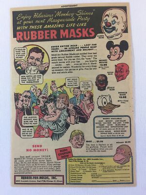 1950 color ad page ~ AMAZING RUBBER MASKS Mickey Mouse,Satan,Donald ...