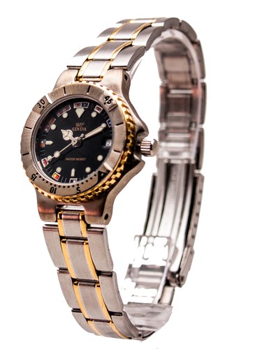 GQI GENEVA:WOMEN'S STAINLESS STEEL BAND WITH GOLD TONE CASE DATE,FLAG ...