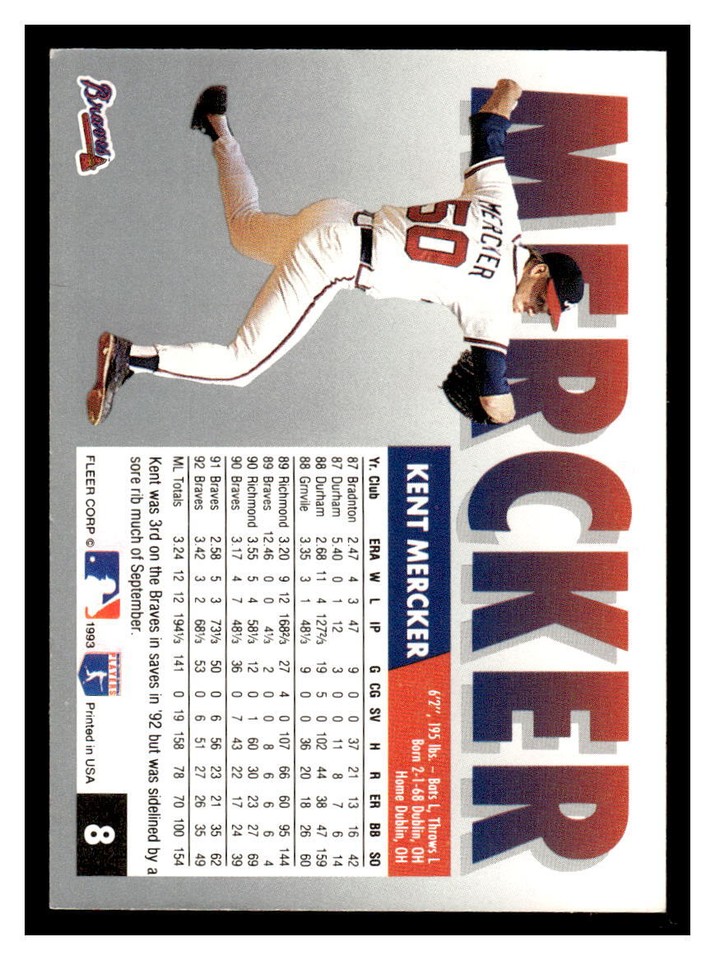 1993 Fleer #8 Kent Mercker - Atlanta Braves | eBay