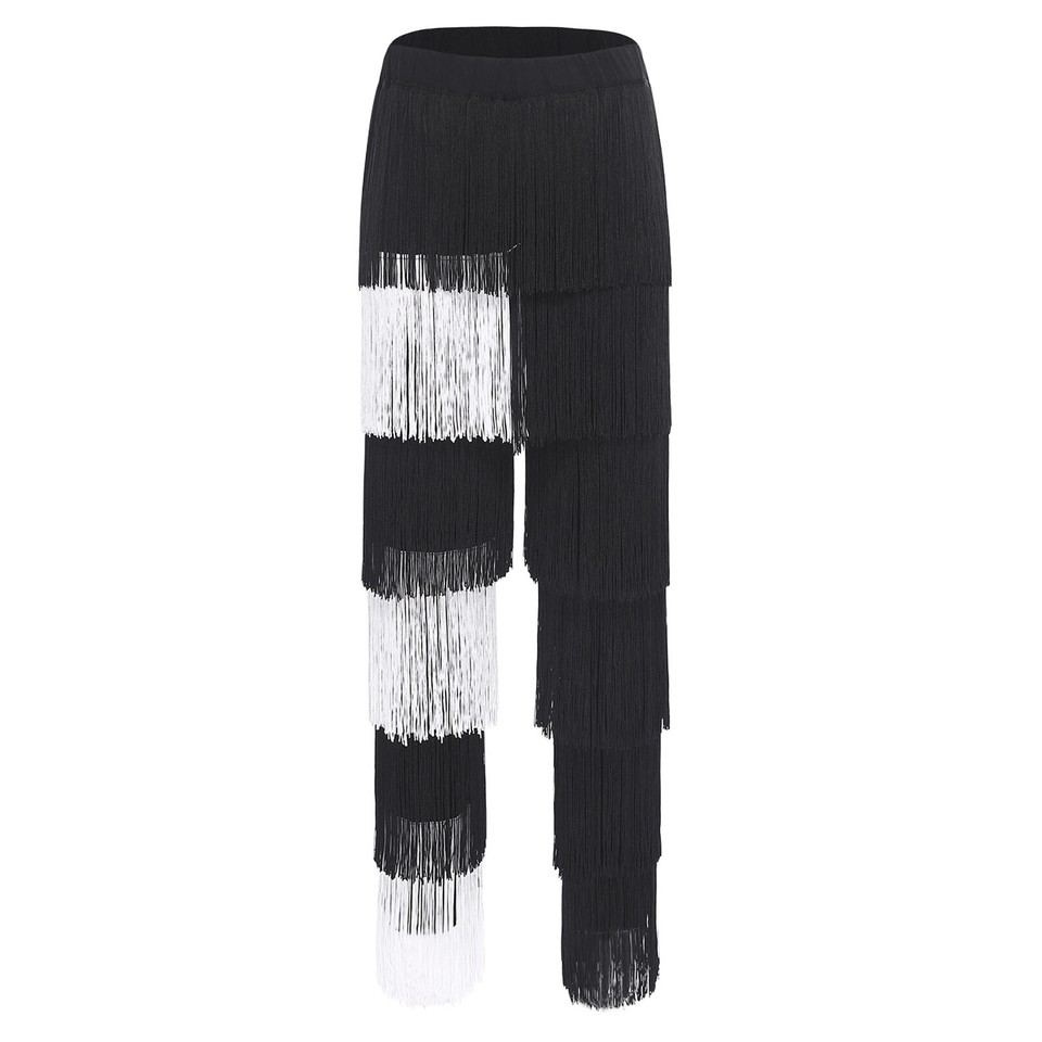 Womens Latin Dance Fringe Pants Elastic Waistband Tassel Trousers Salsa ...