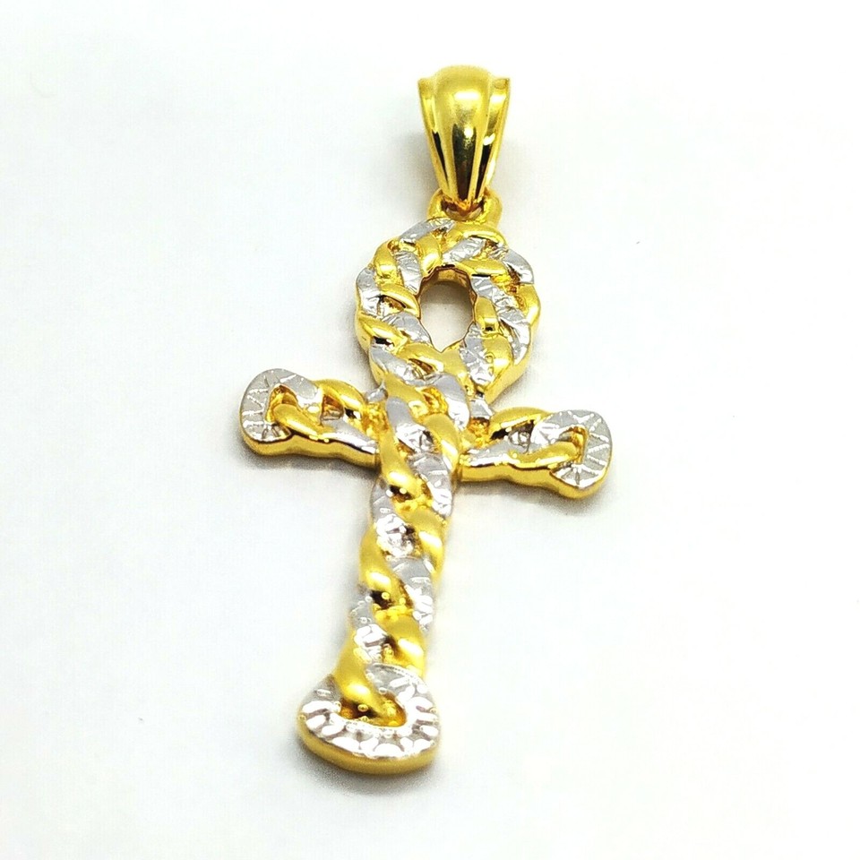 14K Yellow Gold Plated Diamond Cut Miami Cuban Link Border Ankh Cross ...
