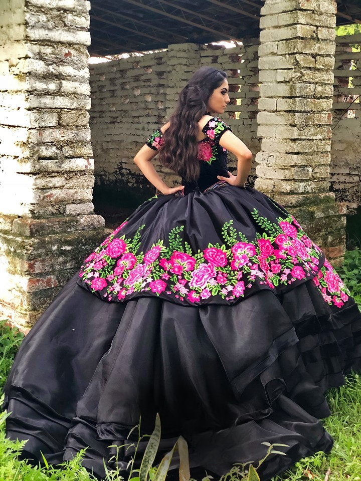 Black Mexican Princess Quinceanera Dresses Off Shoulder Floral Applique ...