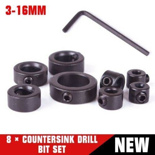 8pcs Countersink Drill Bit Set Adjustable Depth Stop Collar Woodworking ...