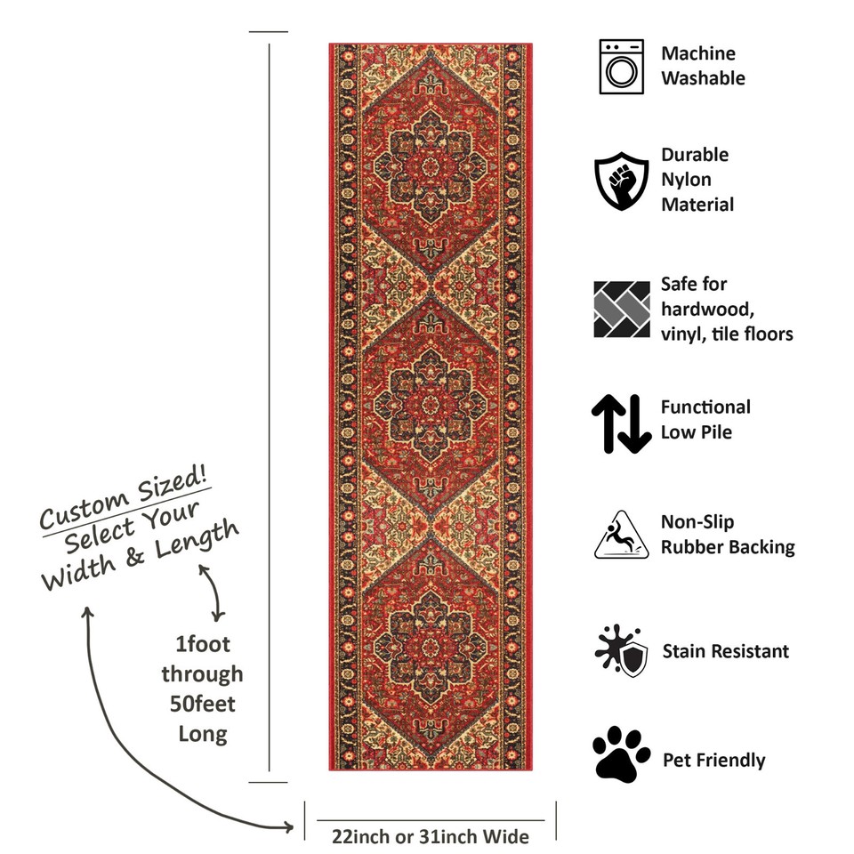 Custom Size Hallway Runner Rug Non Slip Rubber Back RED Traditional ...