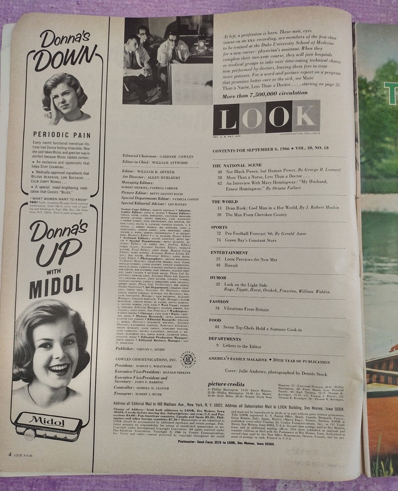 LOOK Magazine September 6, 1966 Hemingway Julie Andrews in Hawaii Pro ...