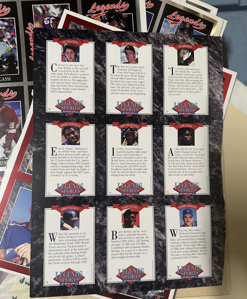 1992 Legends Uncut Sheet Cards MAGIC/BARRY BONDS/PUCKETT/LEWIS/BAGWELL ...