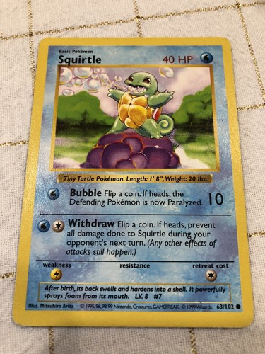 Squirtle Pokemon Card Shadowless (Basic) 63/102 1995-1998 | eBay