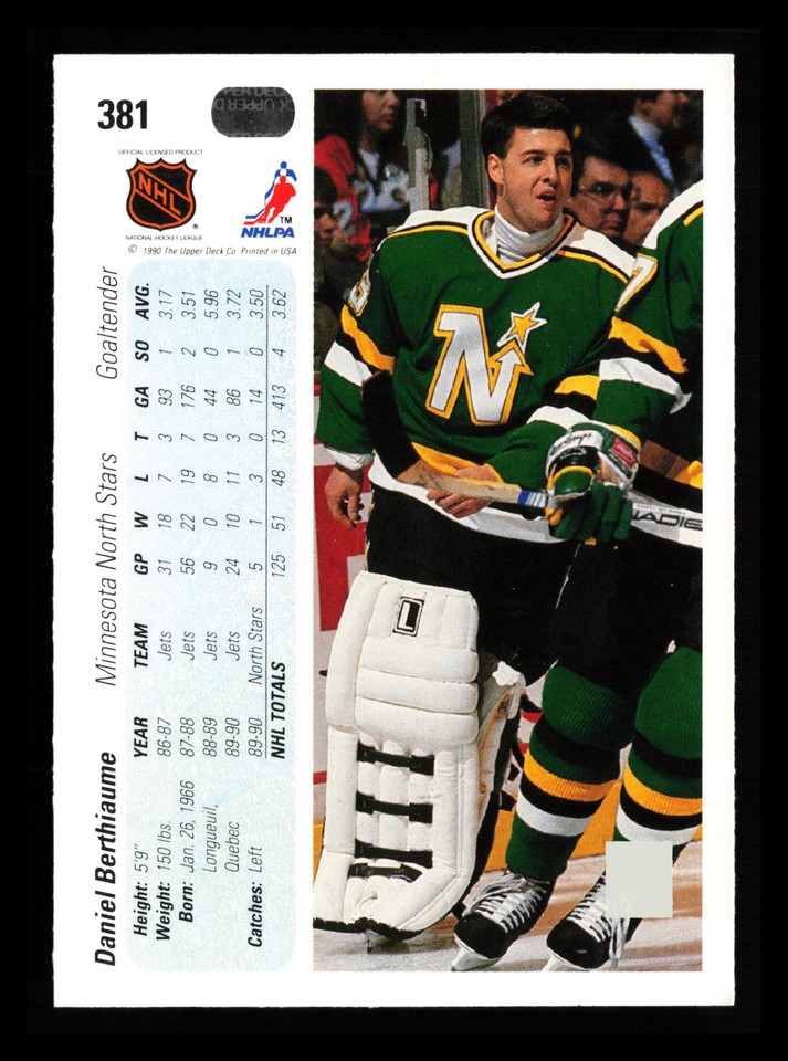 Daniel Berthiaume 1990-91 Upper Deck Hockey NHL #381a Minnesota North ...