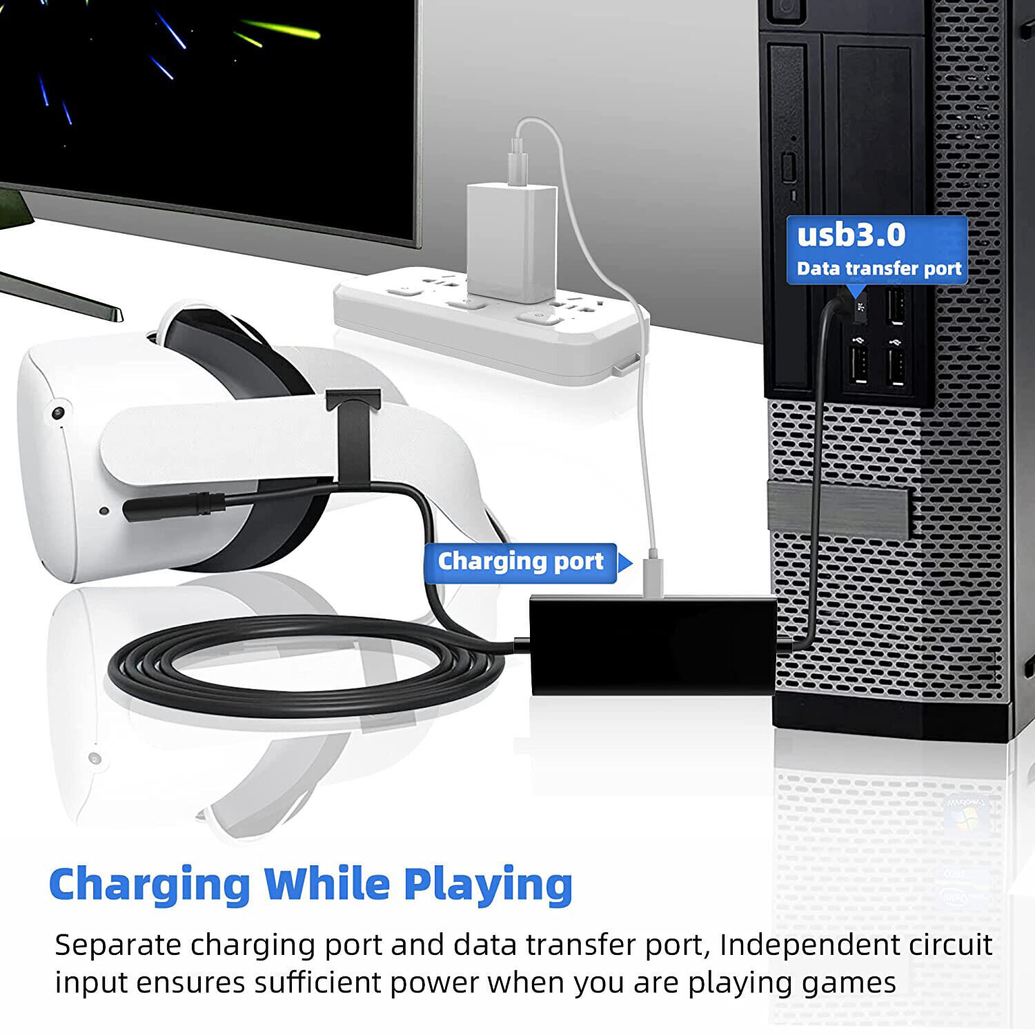 5m Link Cable w/ Extra Charging Port for Meta Quest Pro Link/Quest 2 VR ...